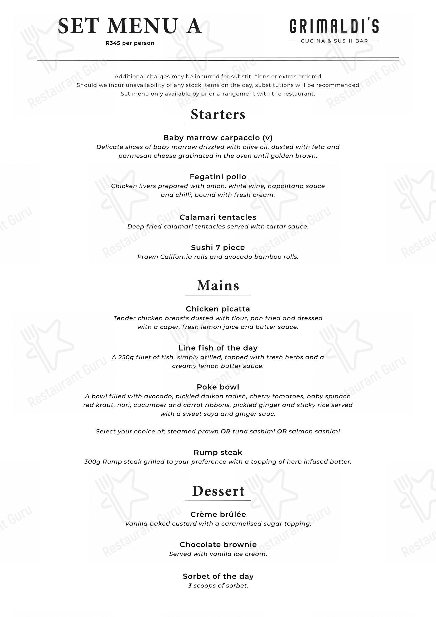 Menu at Grimaldi's restaurant, Durban