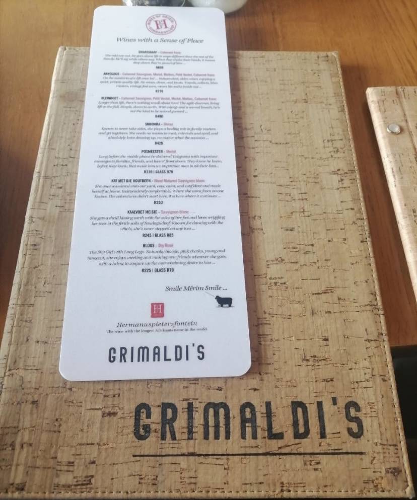 Menu at Grimaldi's restaurant, Durban