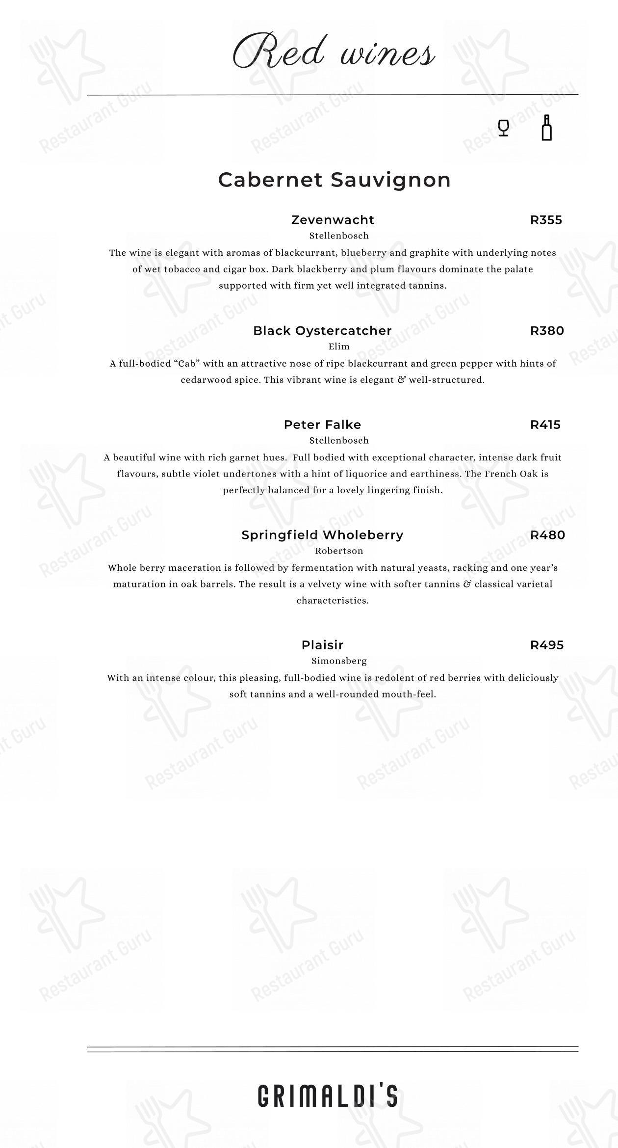 Menu at Grimaldi's restaurant, Durban