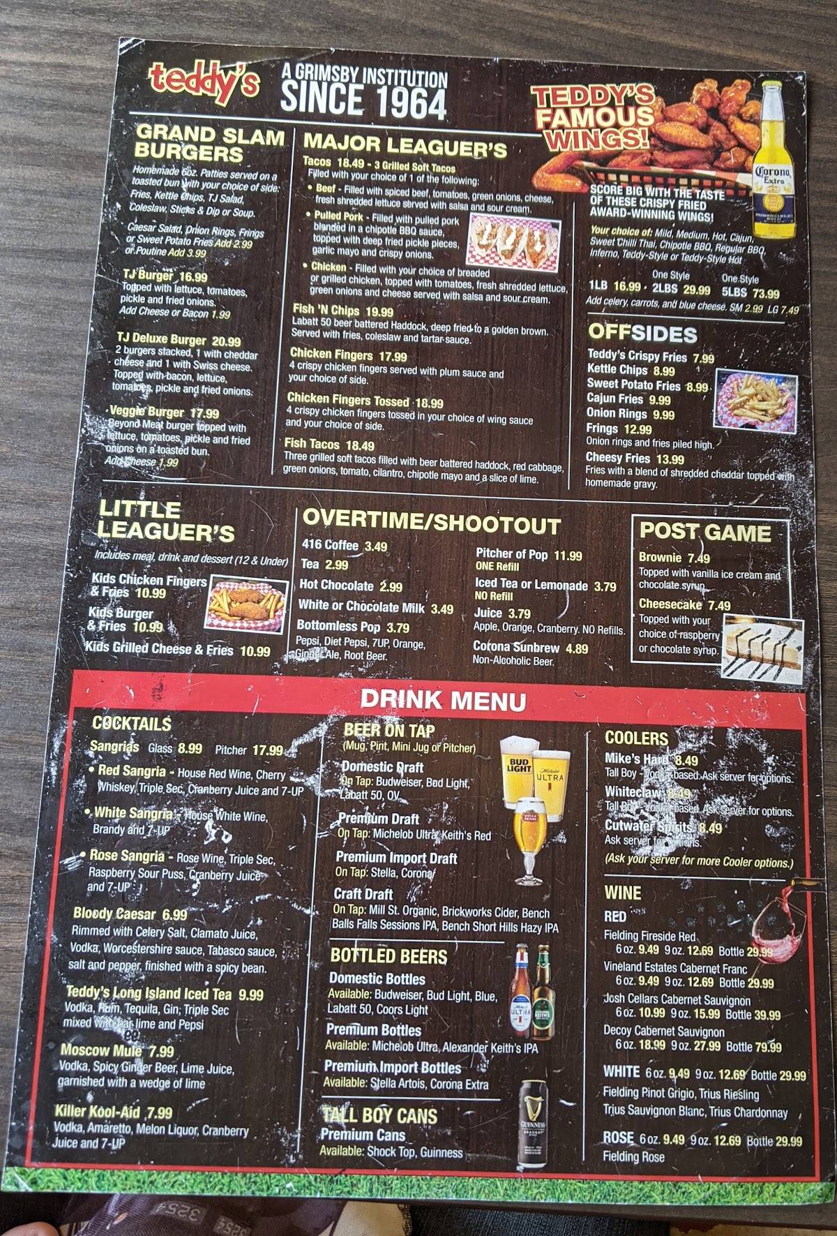 Menu au Teddy's Sports Bar, Grimsby