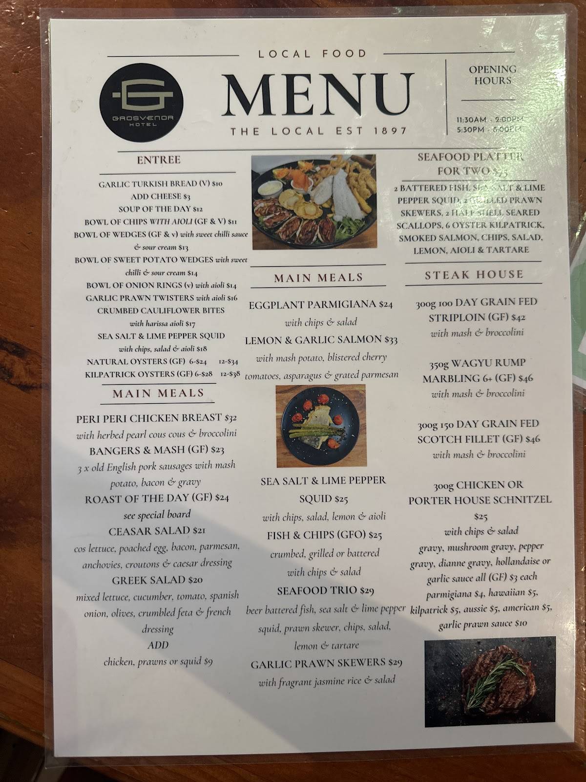 Menu at Grosvenor Hotel restaurant, Victor Harbor