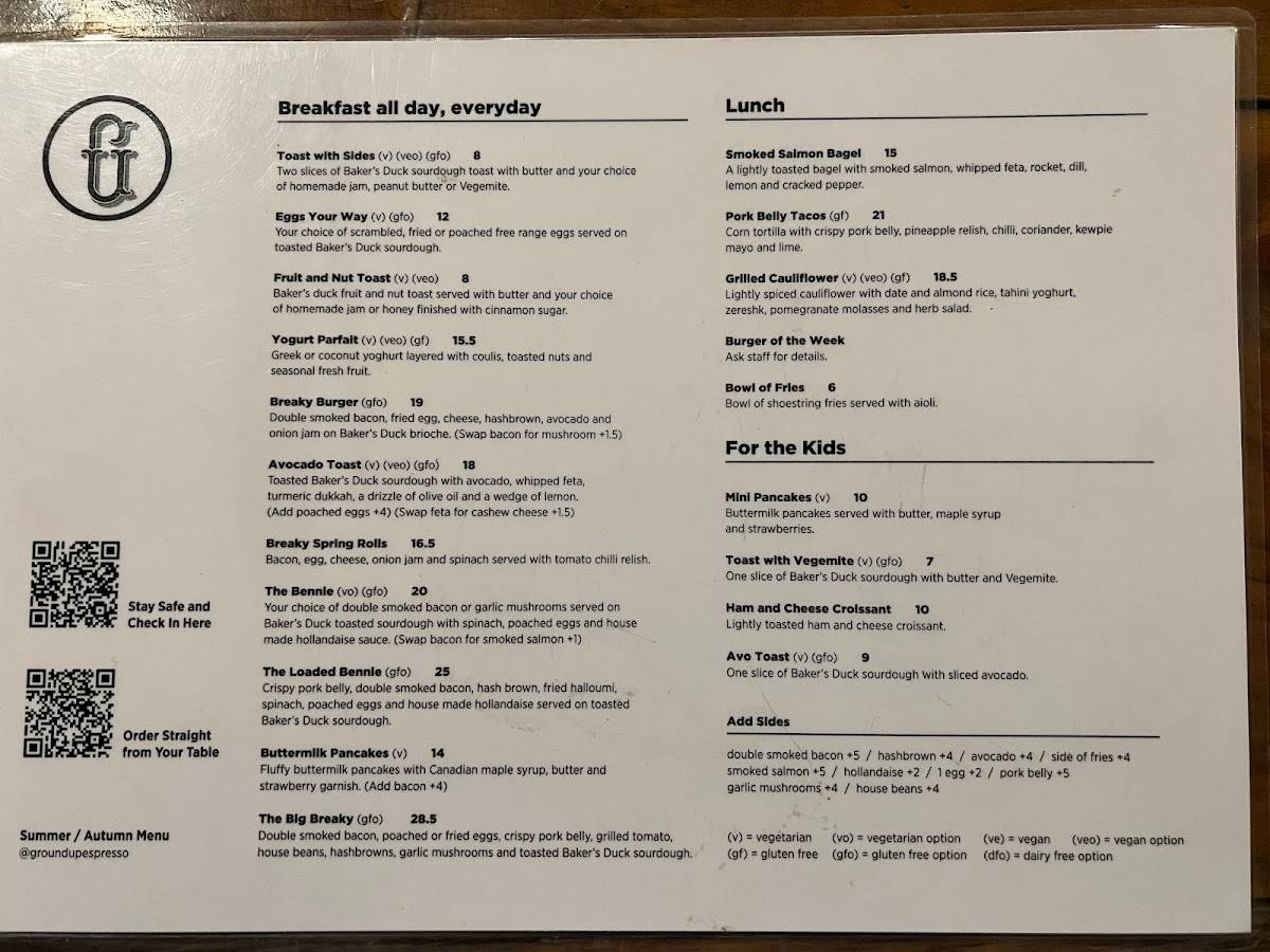 Menu at Ground Up Cafe, South Toowoomba