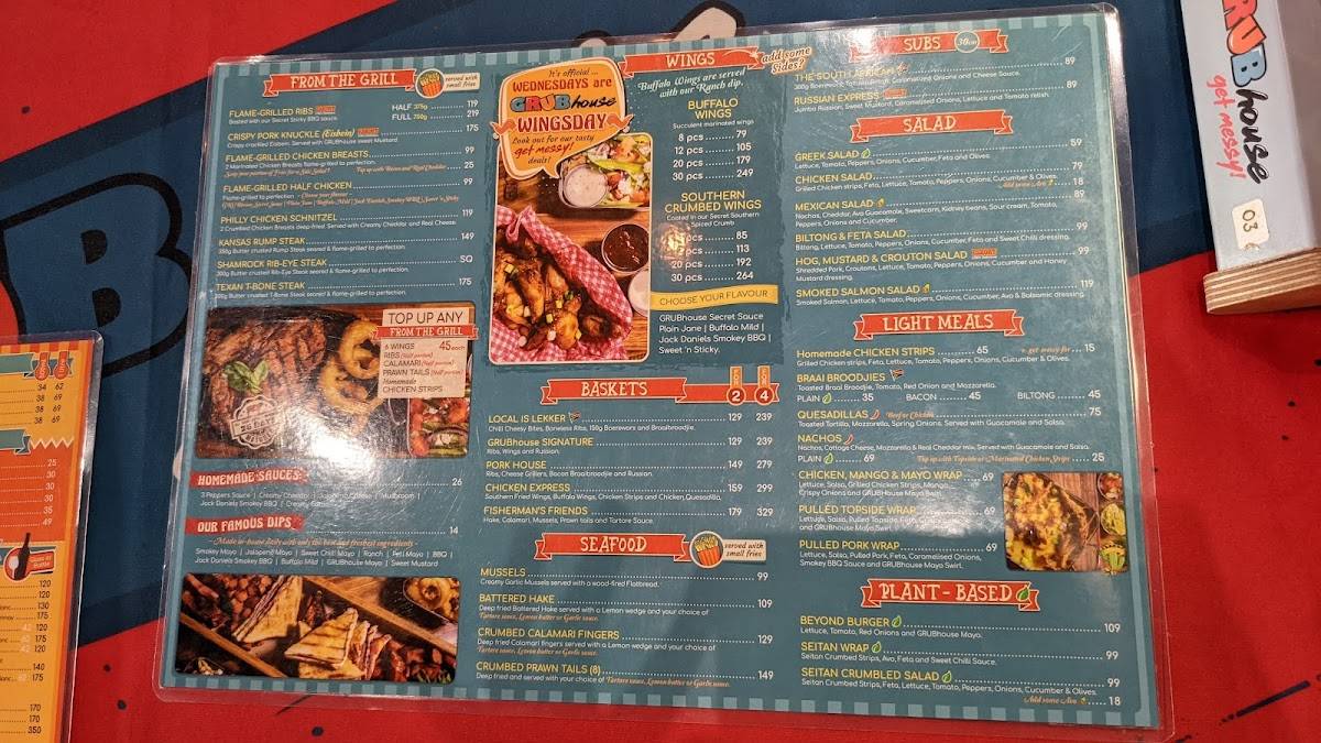 Menu at Grubhouse Parkview restaurant, Pretoria