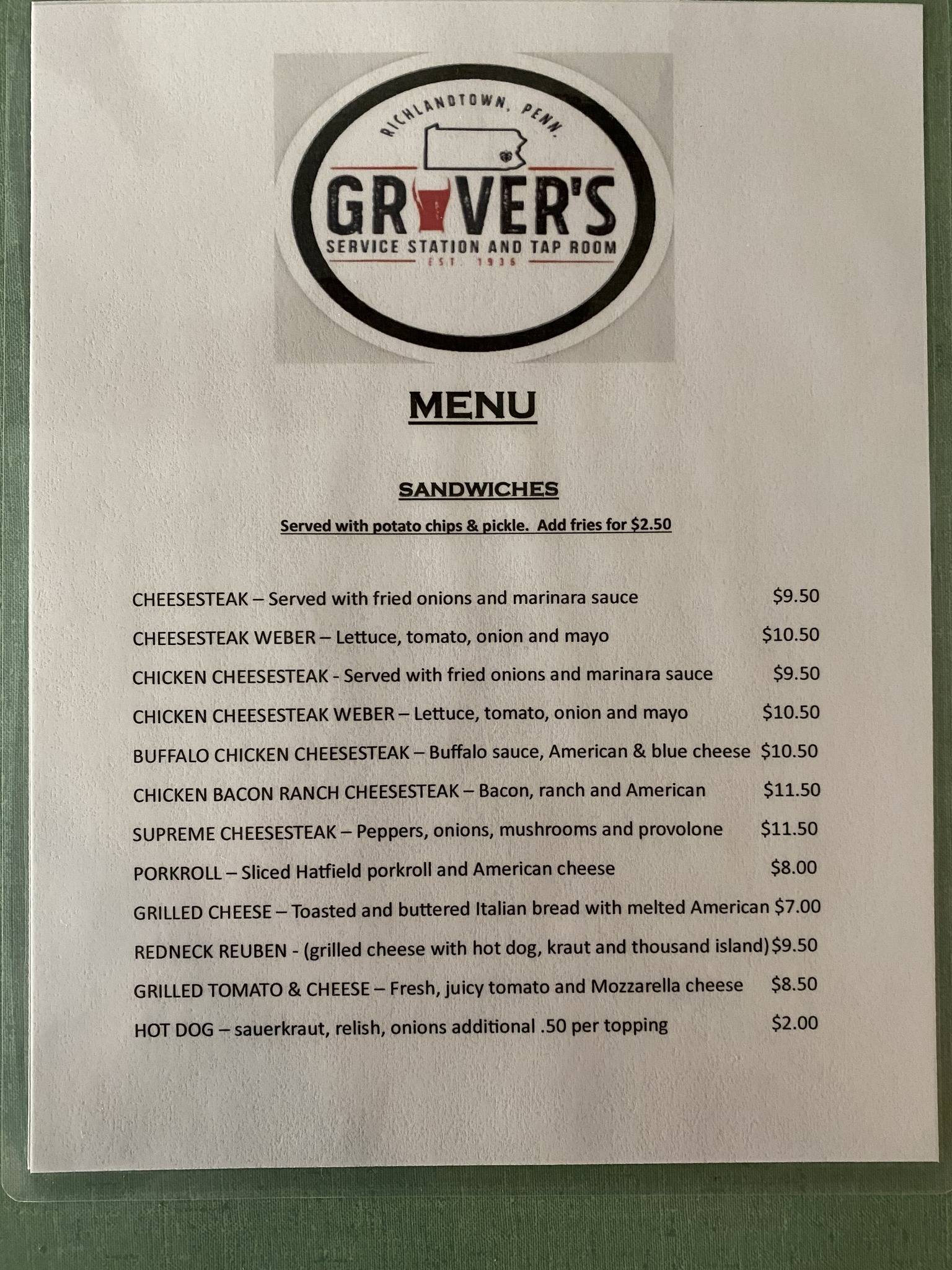 Menu at Gruvers Beer Bar, Richlandtown