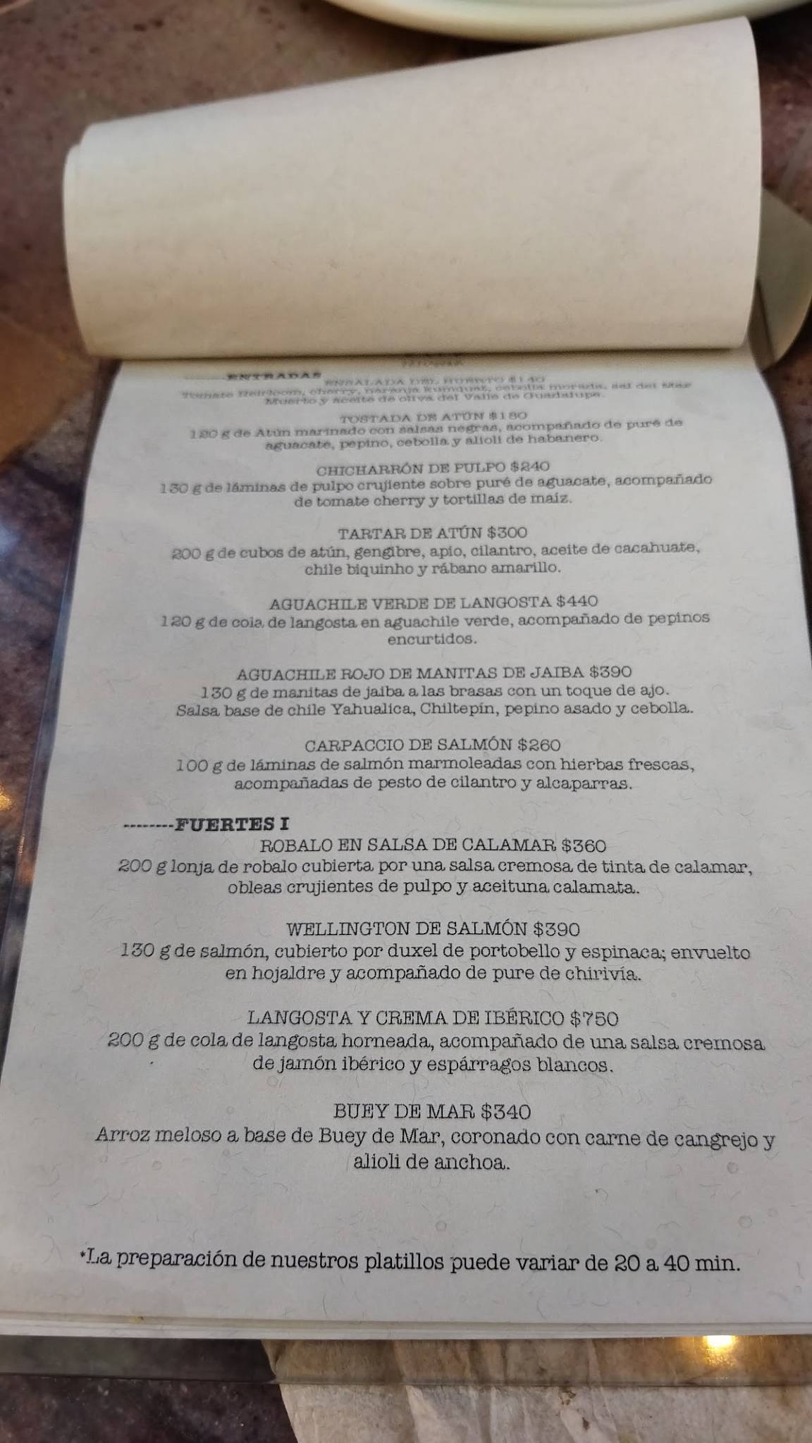 Carta de Octo Restaurante, Guadalajara