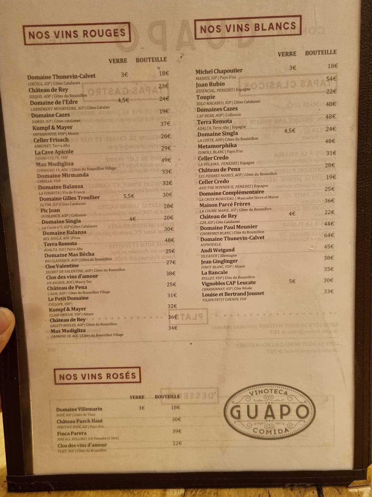 Menu at Guapo restaurant, Perpignan
