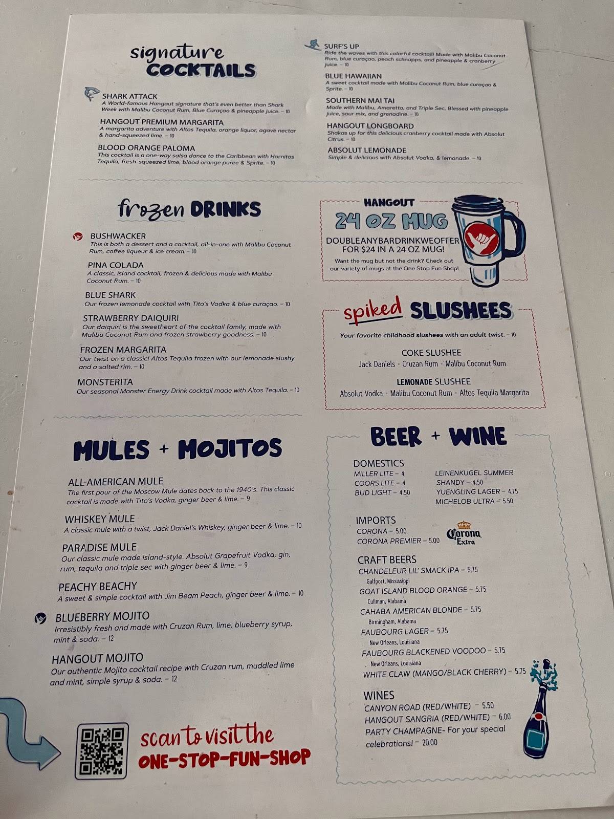 Menu at The Hangout Gulf Shores pub & bar, Gulf Shores, 101 E Beach Blvd