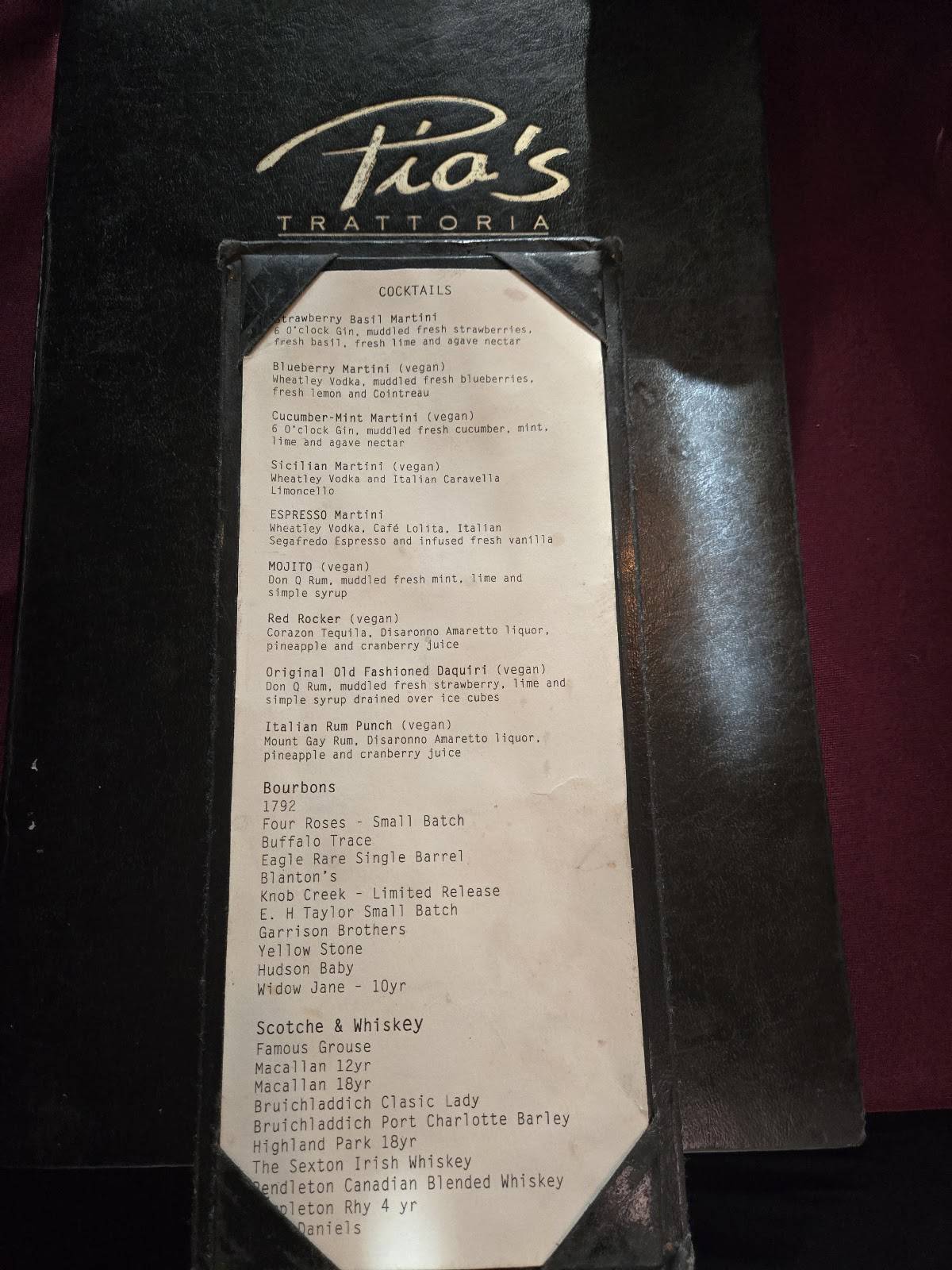 Menu at Pia's Trattoria restaurant, Gulfport