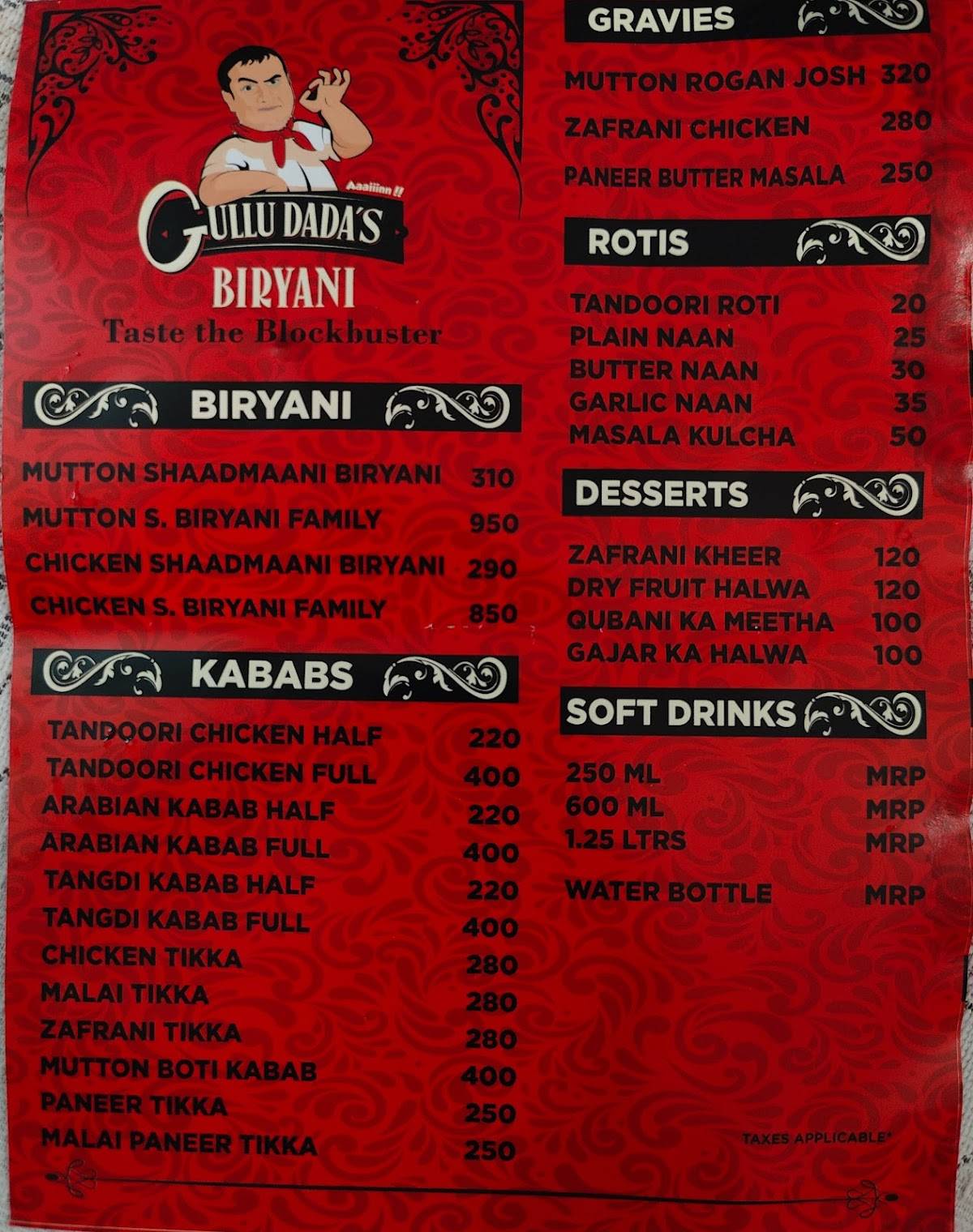Menu at Gullu Dada's Biryani, Hyderabad, 8-1-299/94/1