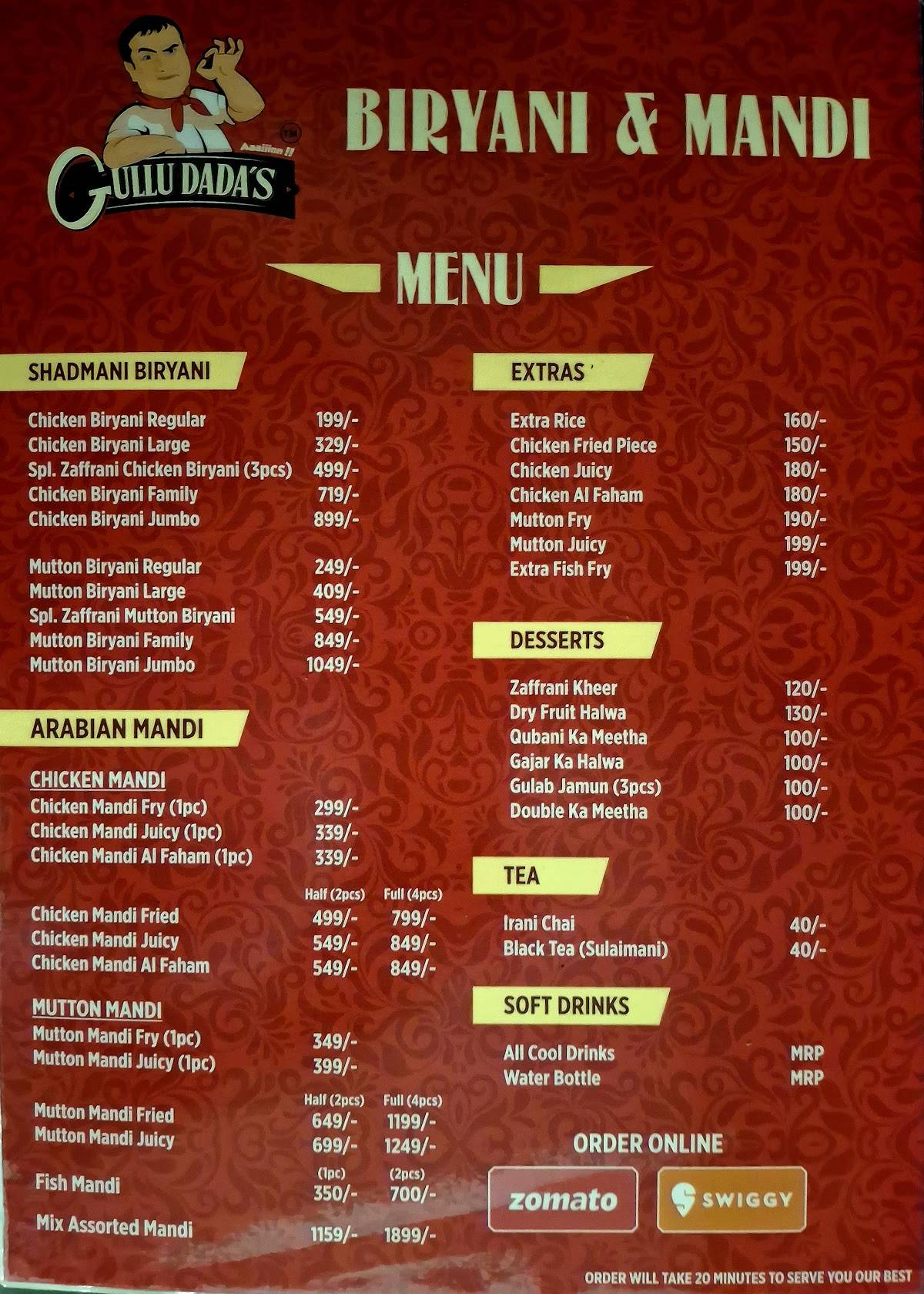 Menu at Gullu Dada's Biryani, Hyderabad, 8-1-299/94/1