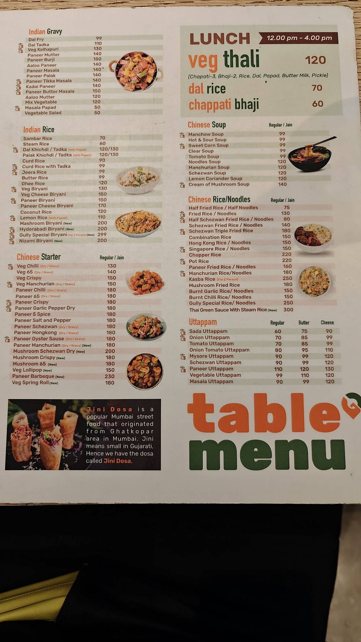 Menu at Gully Dosa, Mumbai