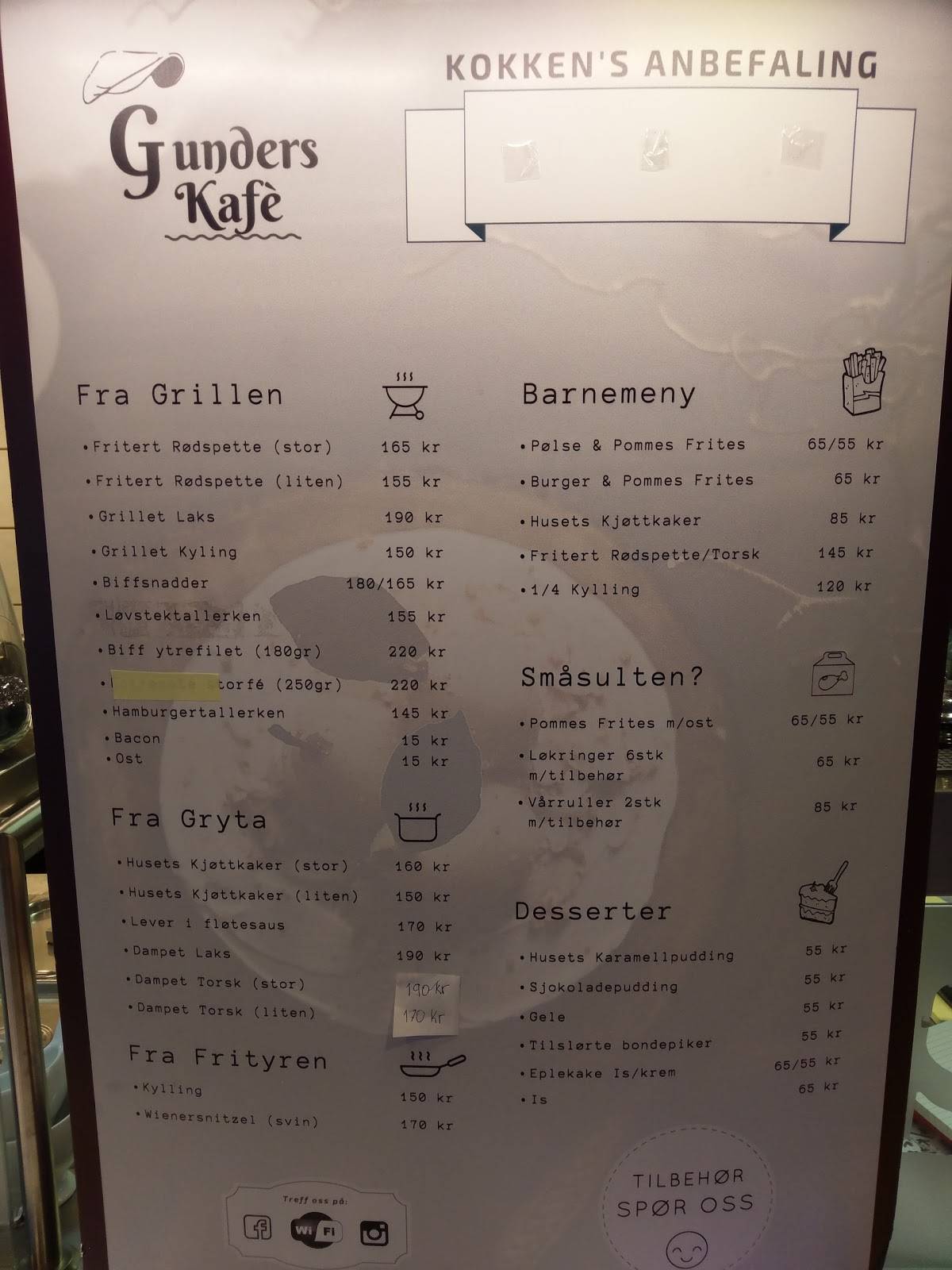Menu at Gunders Kafe cafe, Norway, Toftelandsveien 5