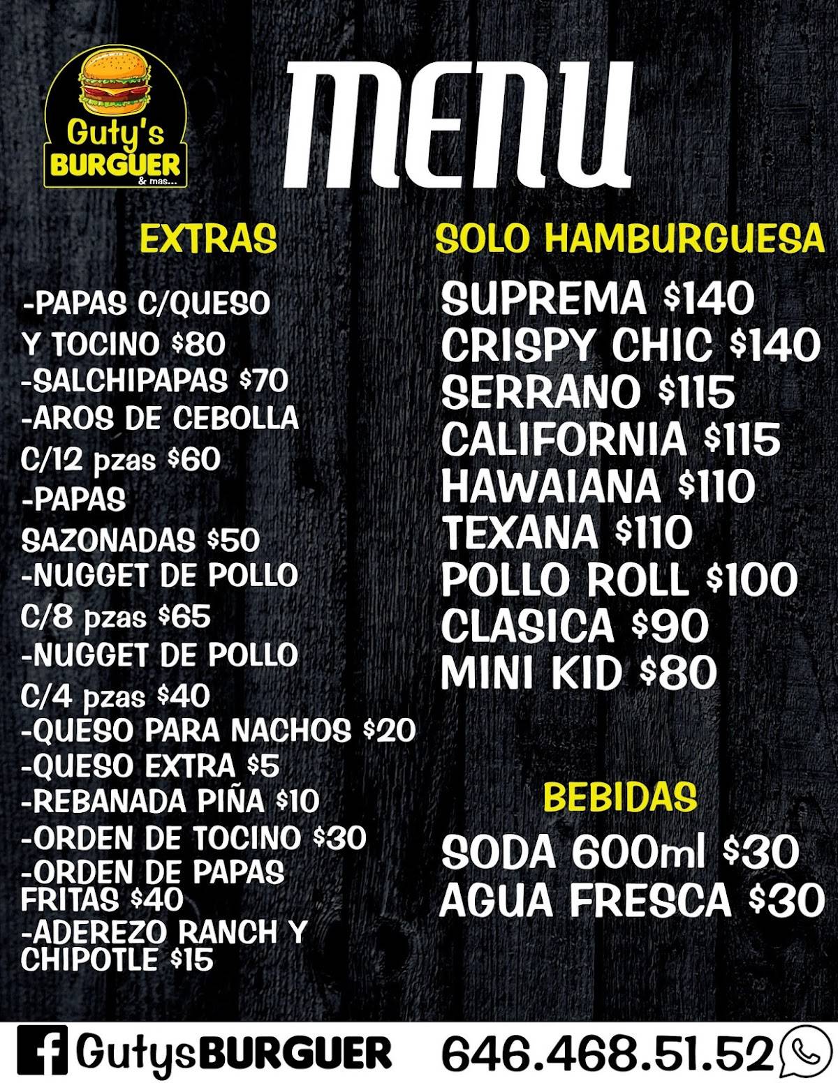 Carta del restaurante Guty’s Burguer, Ensenada