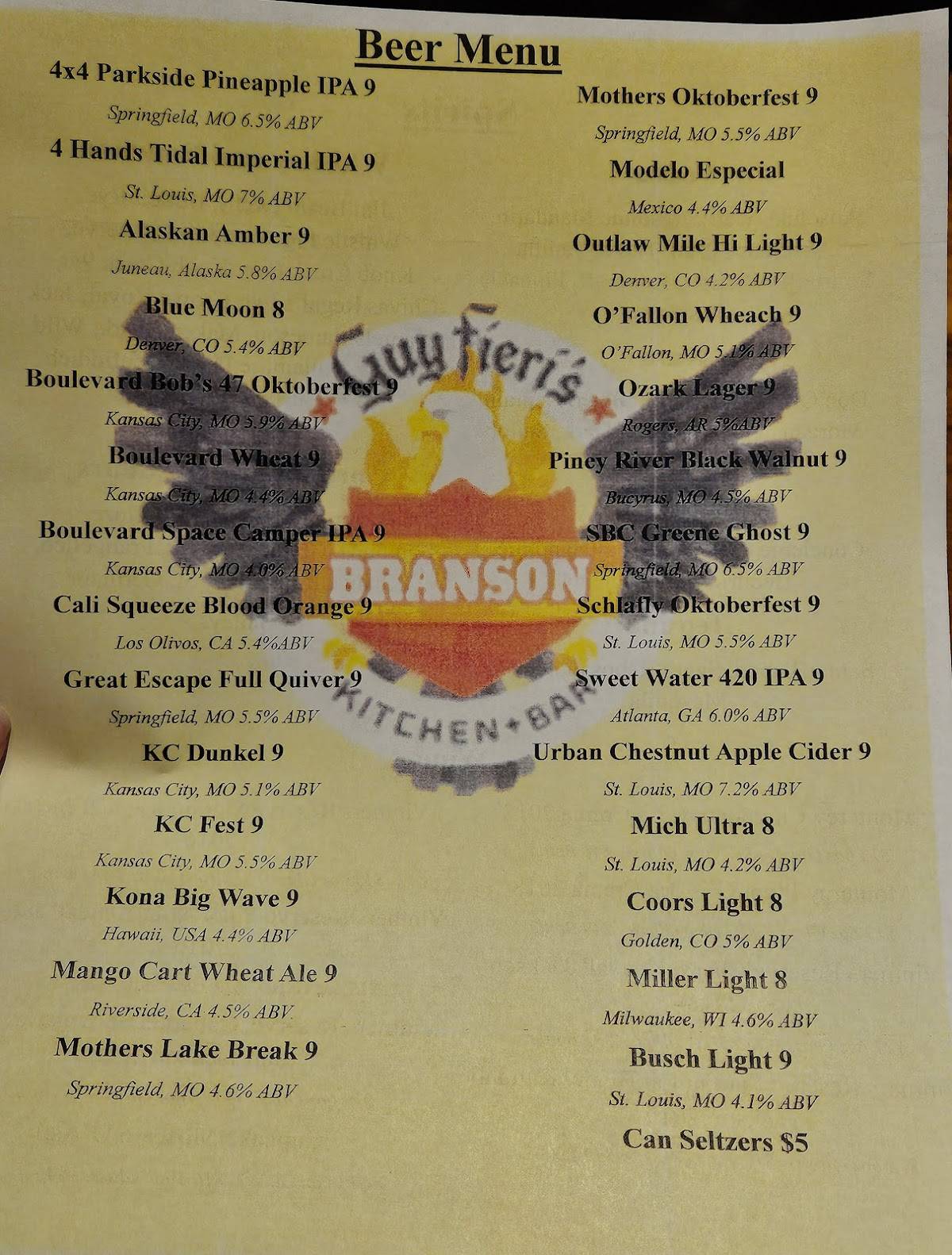 Menu at Guy Fieri's Branson Kitchen + Bar, Branson, 100 Branson Landing ...