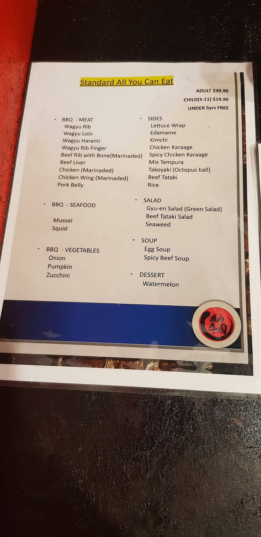 Menu at Gyu-en restaurant, Perth