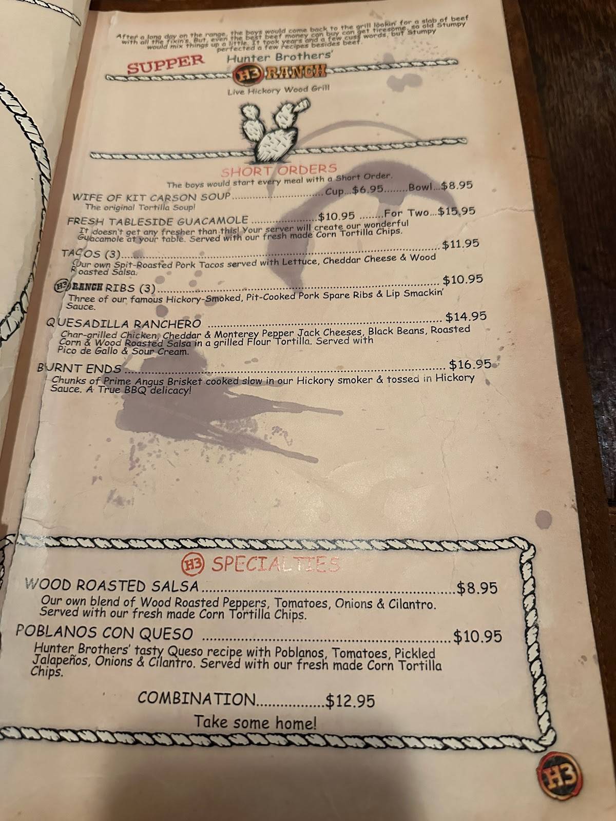 Menu at H3 Ranch steakhouse, Fort Worth