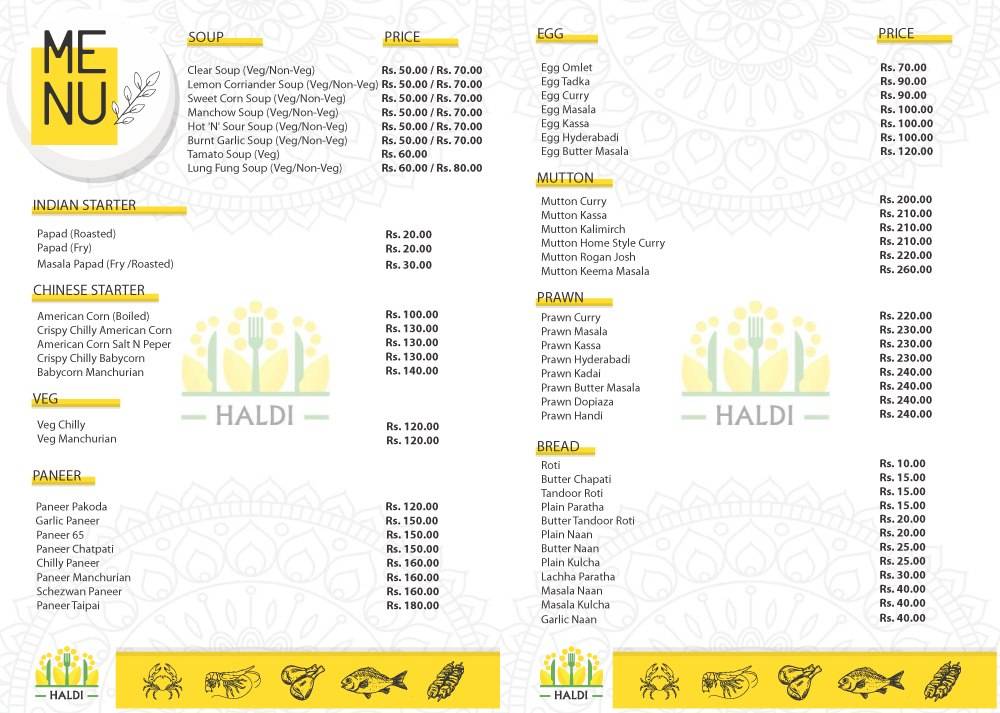 Menu at HALDI, Bhubaneswar