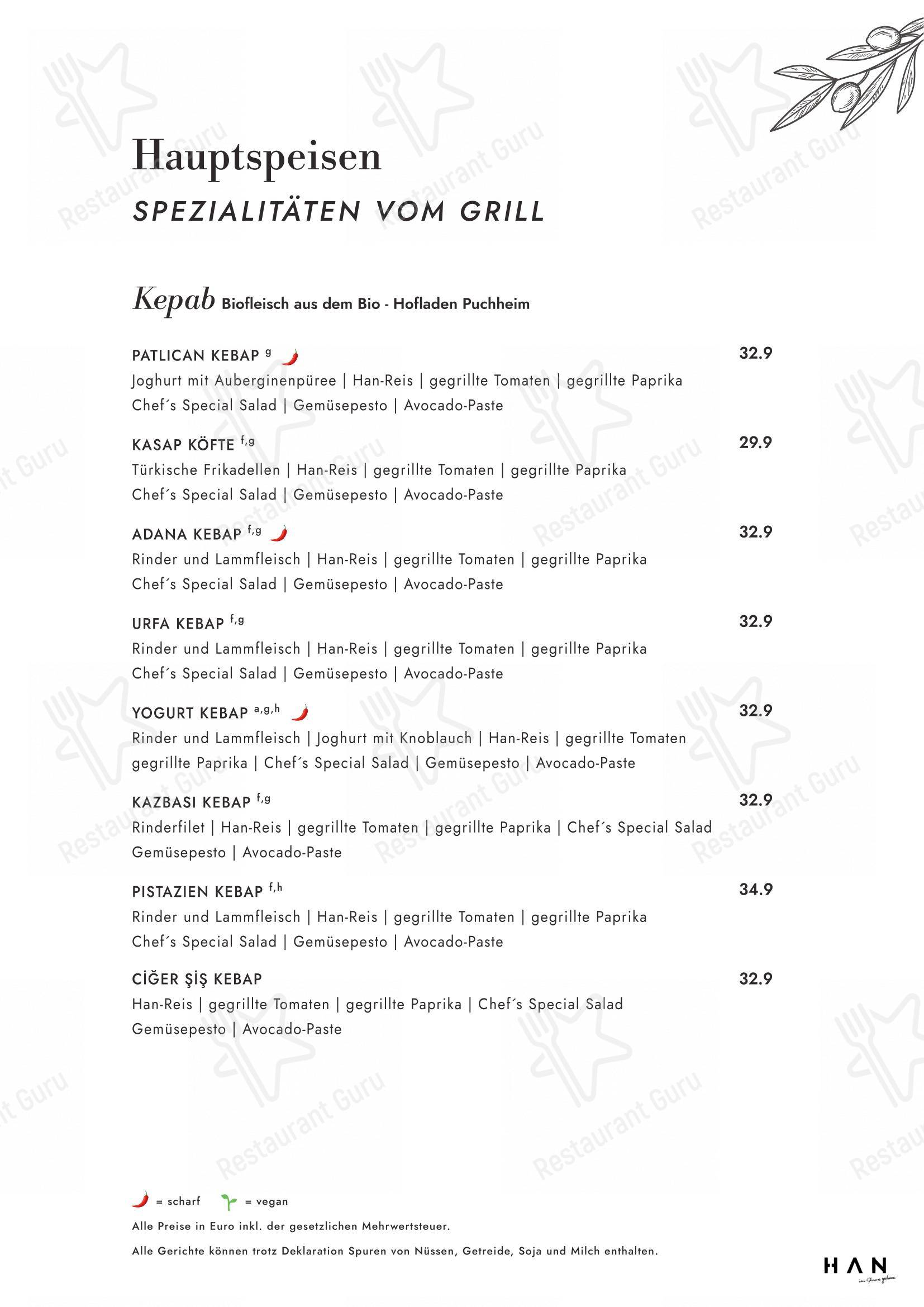 Speisekarte von HAN Restaurant, Café & Bar, München