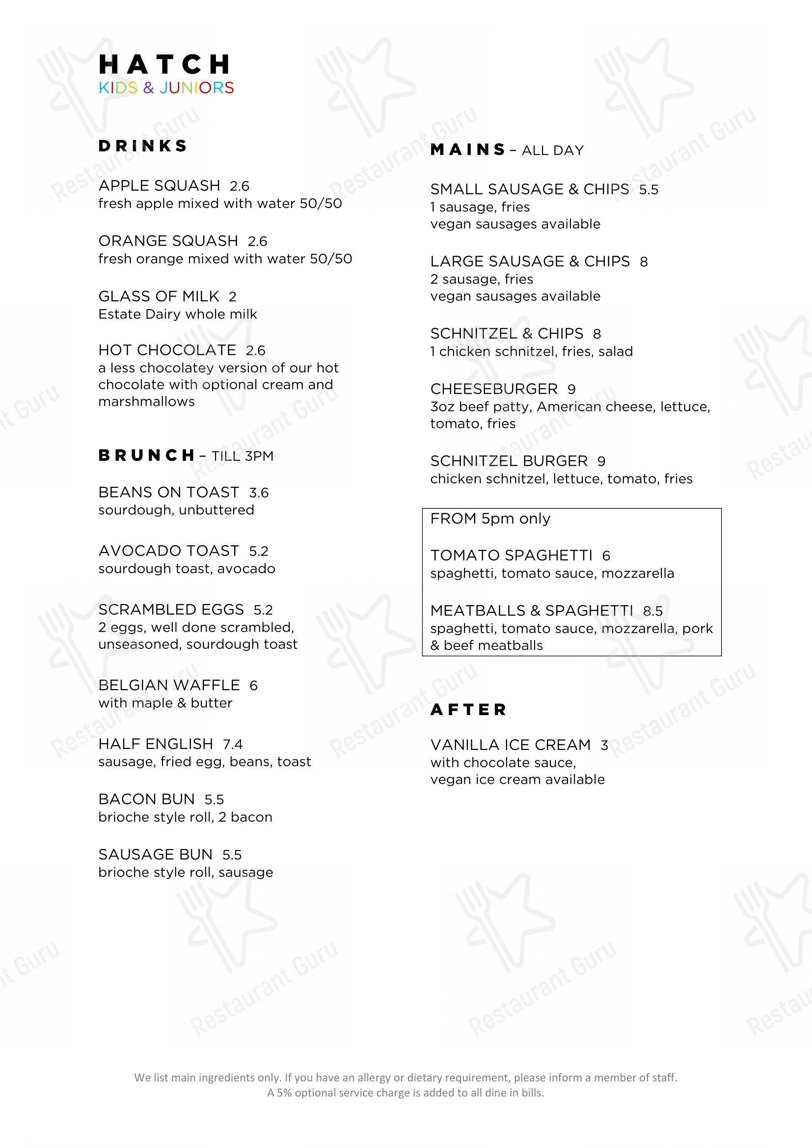 Menu at HATCH restaurant, St Albans, 7-8 Christopher Pl
