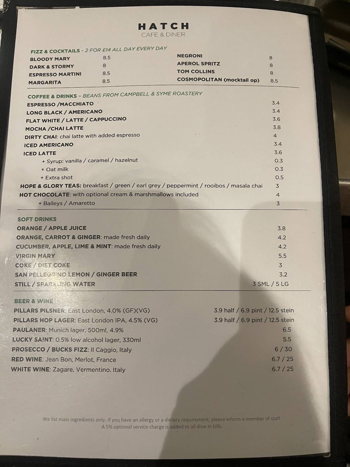 Menu at HATCH restaurant, St Albans, 7-8 Christopher Pl