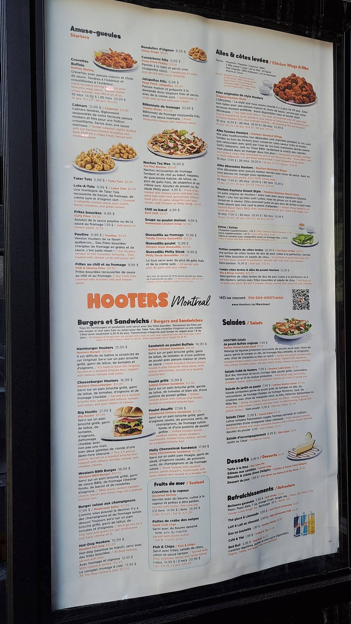 Menu at HOOTERS pub & bar, Montréal, Crescent St