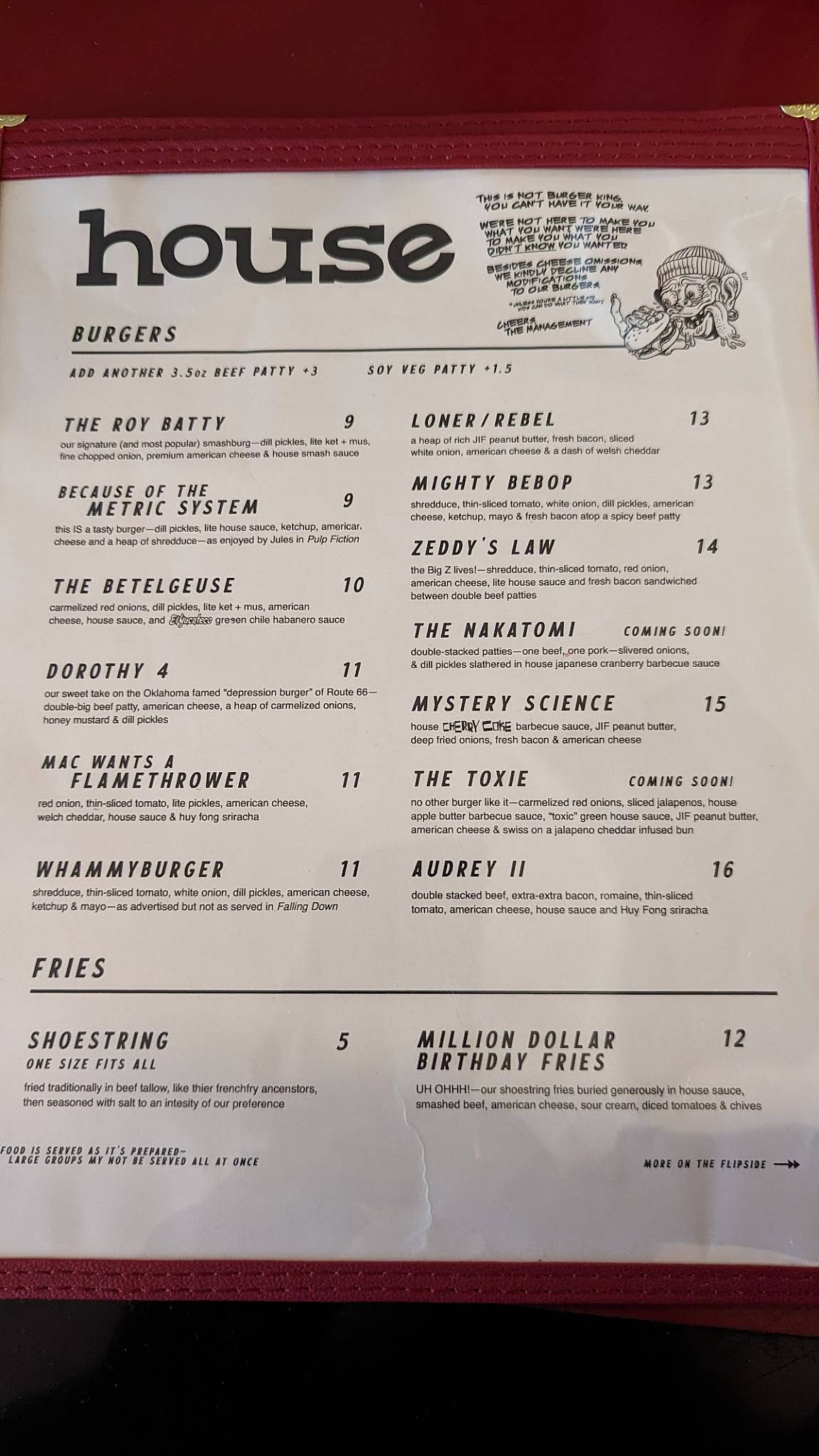 Menu at HOUSE Craft Burgers restaurant, London