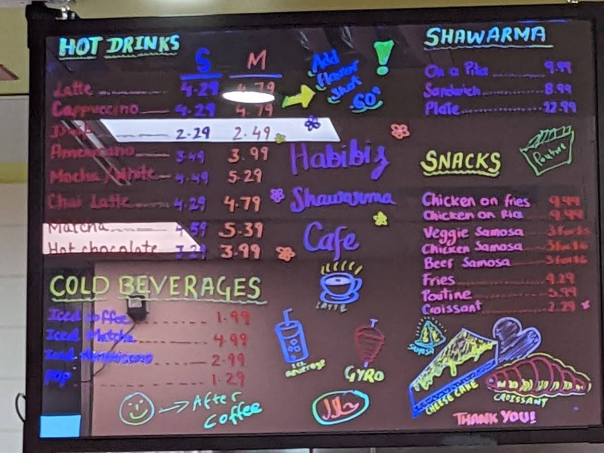 Menu at Habibiz Shawarma Cafe, Lindsay