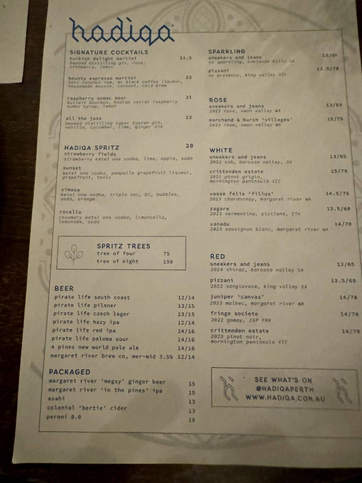 Menu at Hadiqa pub & bar, Perth