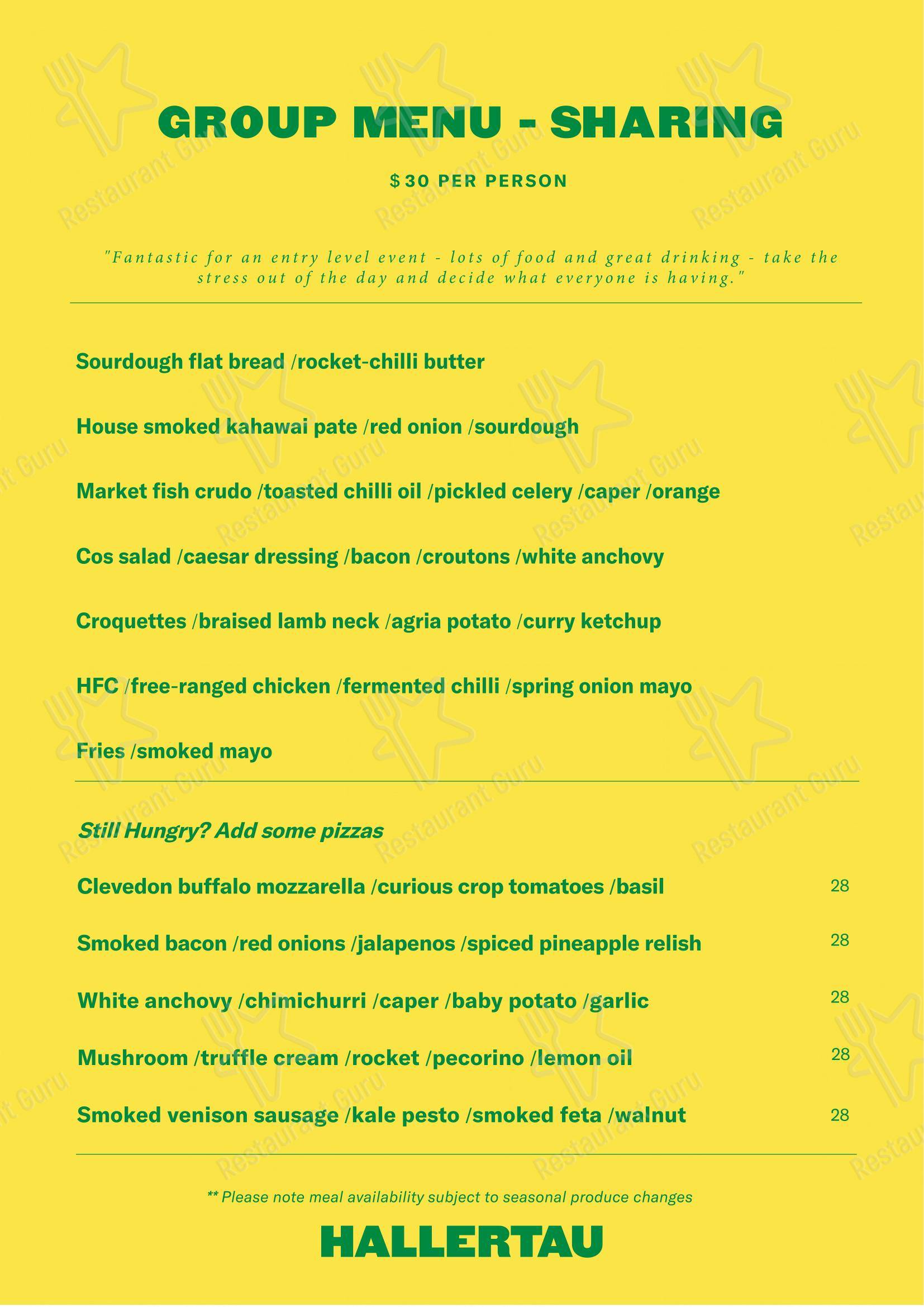 Menu at Hallertau Clevedon restaurant, Auckland