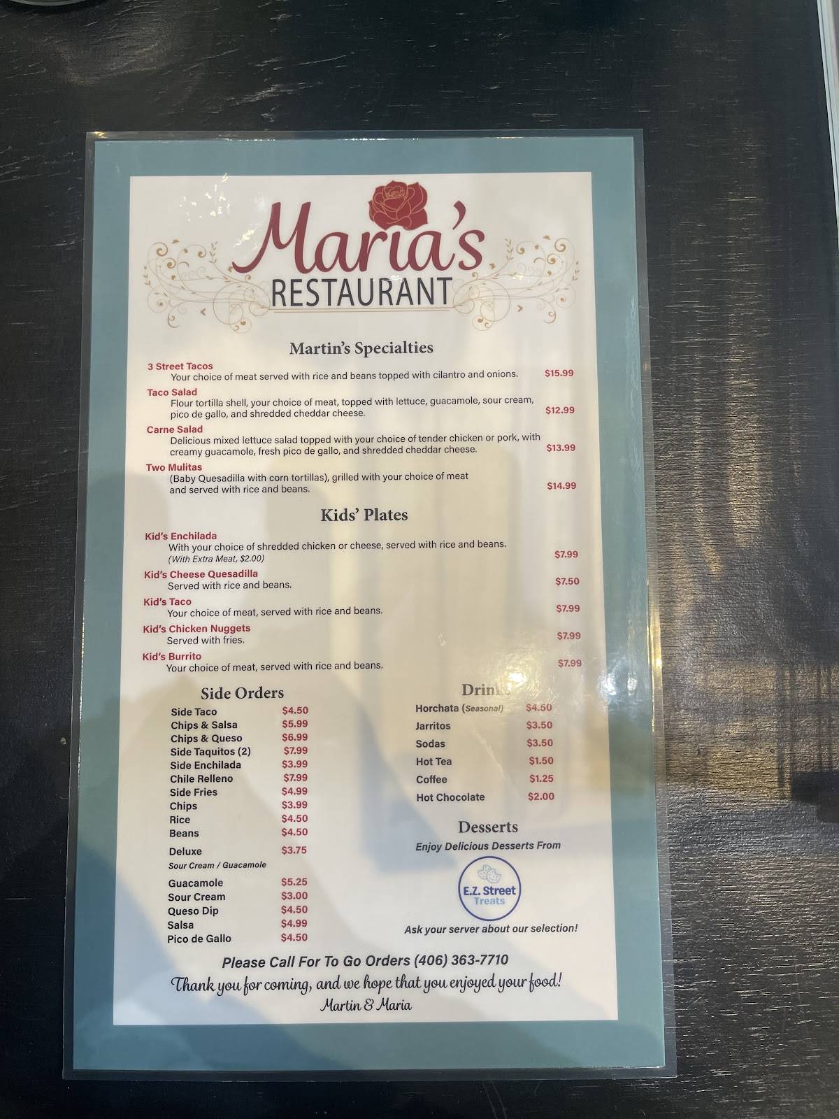 Menu at Maria's restaurant, Hamilton