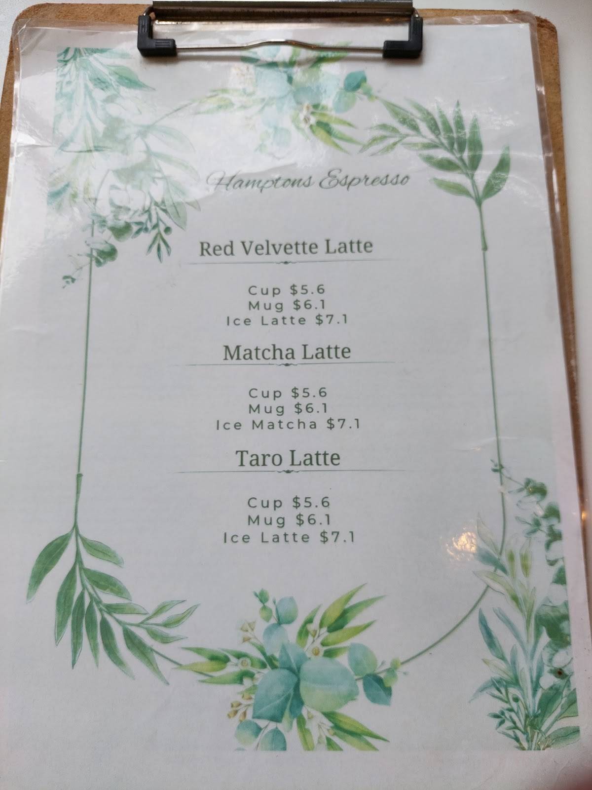 Menu at Hamptons Espresso cafe, Buderim