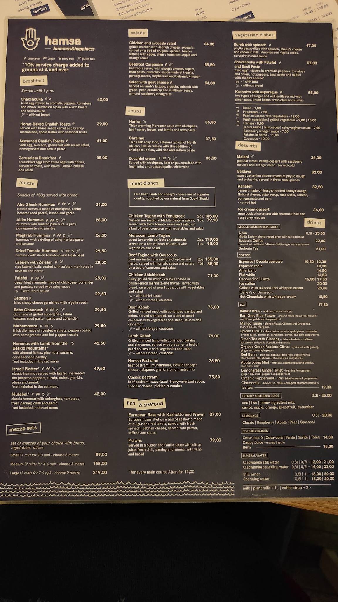 Menu at Hamsa restaurant, Kraków