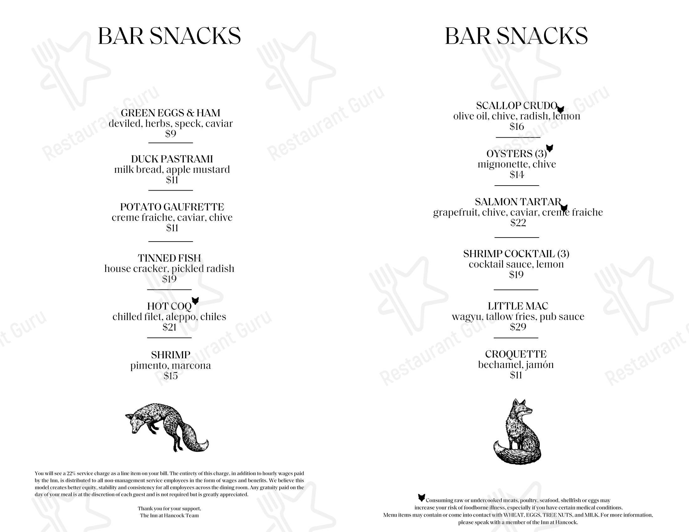 Menu at Hancock Inn restaurant, Hancock, 33 Main St