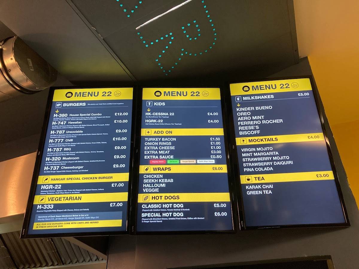 Menu at Hangar 22 restaurant, London