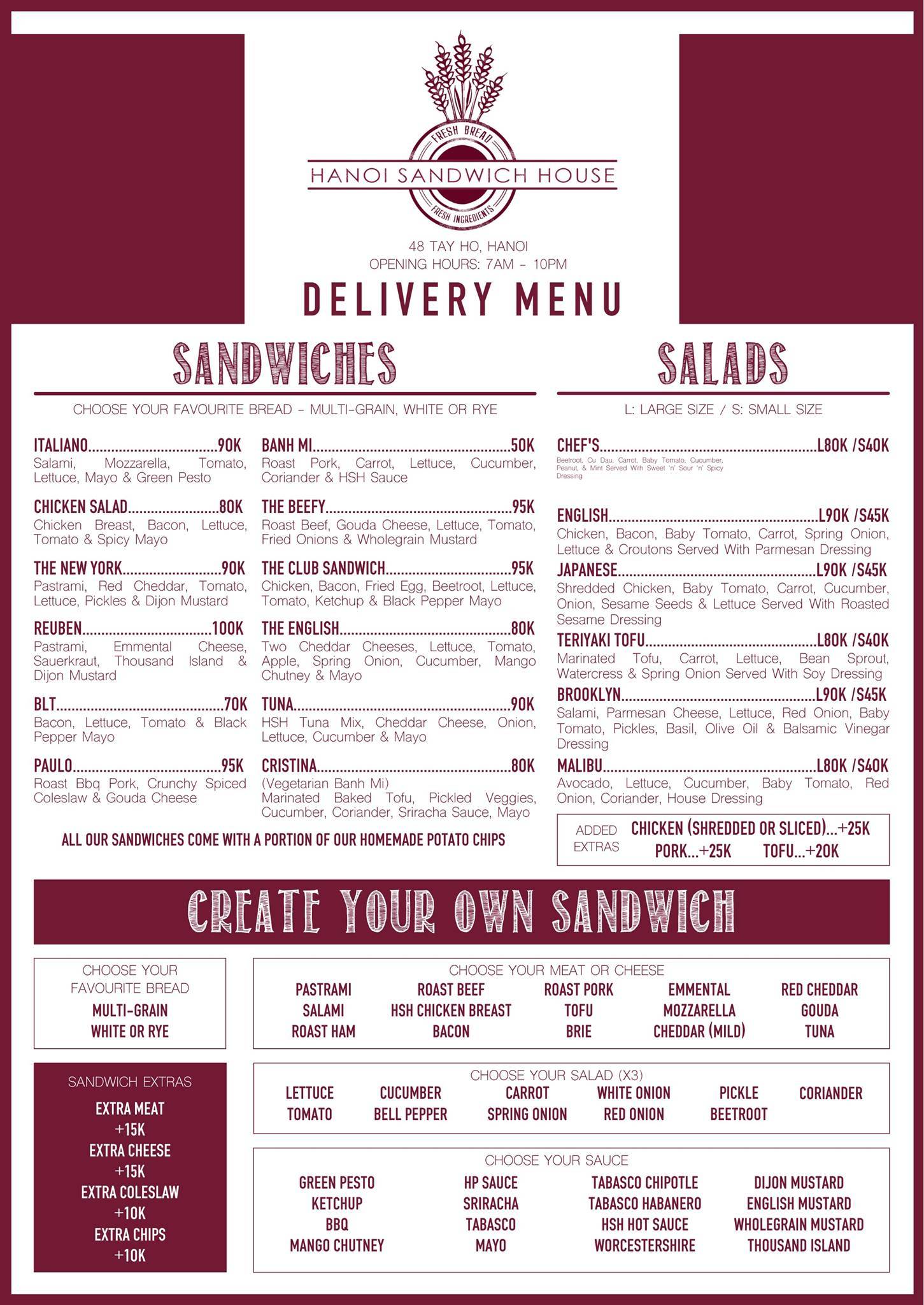 Carta del restaurante Hanoi Sandwich House, Hanoi