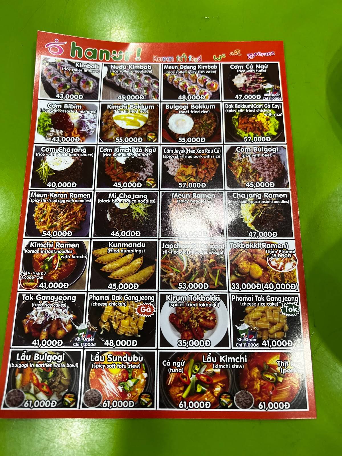 Carta de Hanuri Korean Fast Food, Ciudad Ho Chi Minh (Saigón), 736 Đ ...