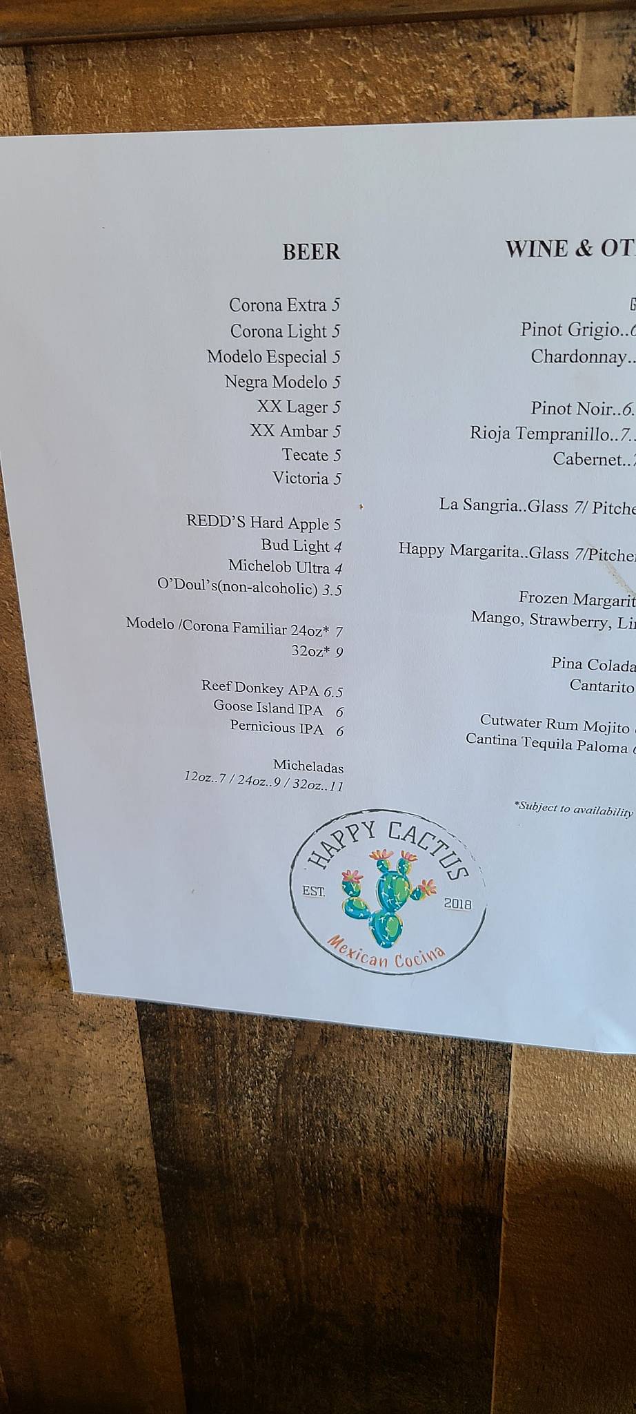 Menu at Happy Cactus Mexican Cocina restaurant, Dunedin