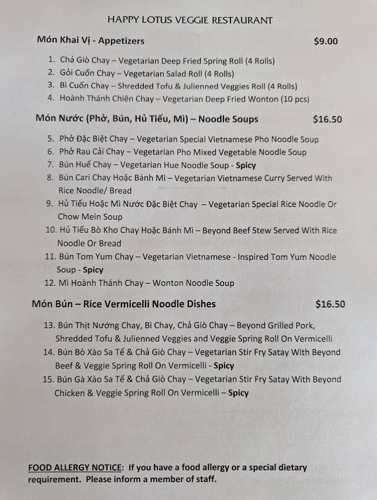 Menu at Happy Lotus Veggie Restaurant, Calgary