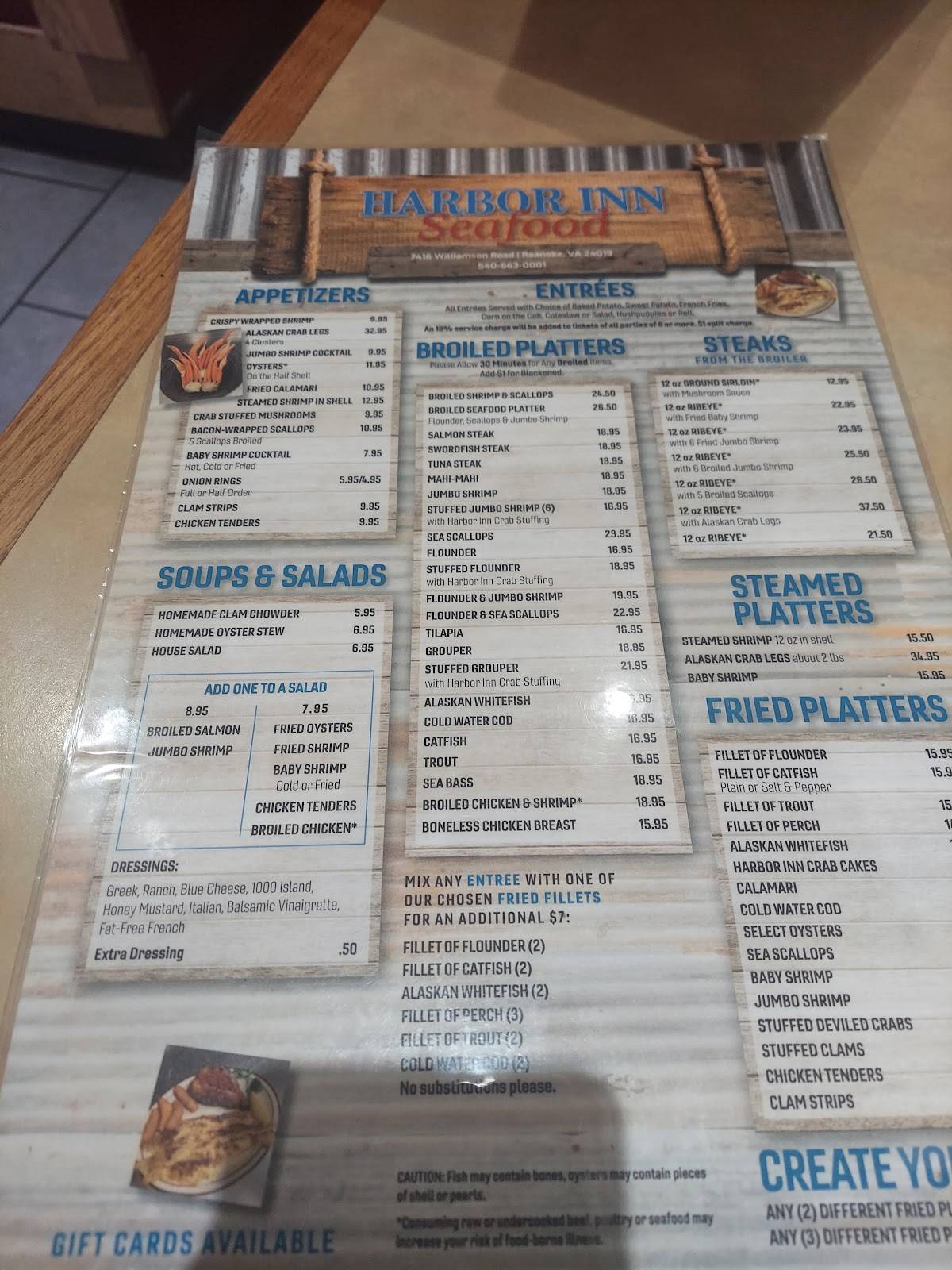 Menu at Harbor Inn Seafood restaurant, Roanoke