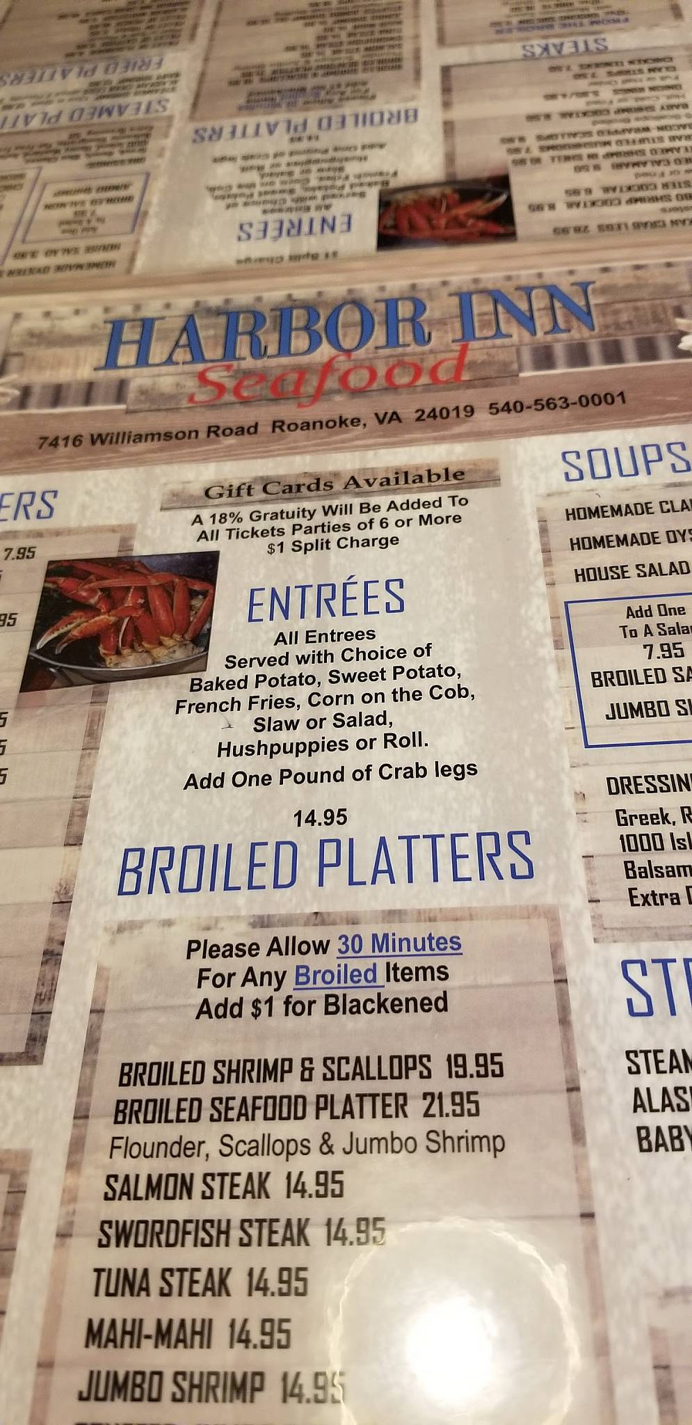 Menu at Harbor Inn Seafood restaurant, Roanoke