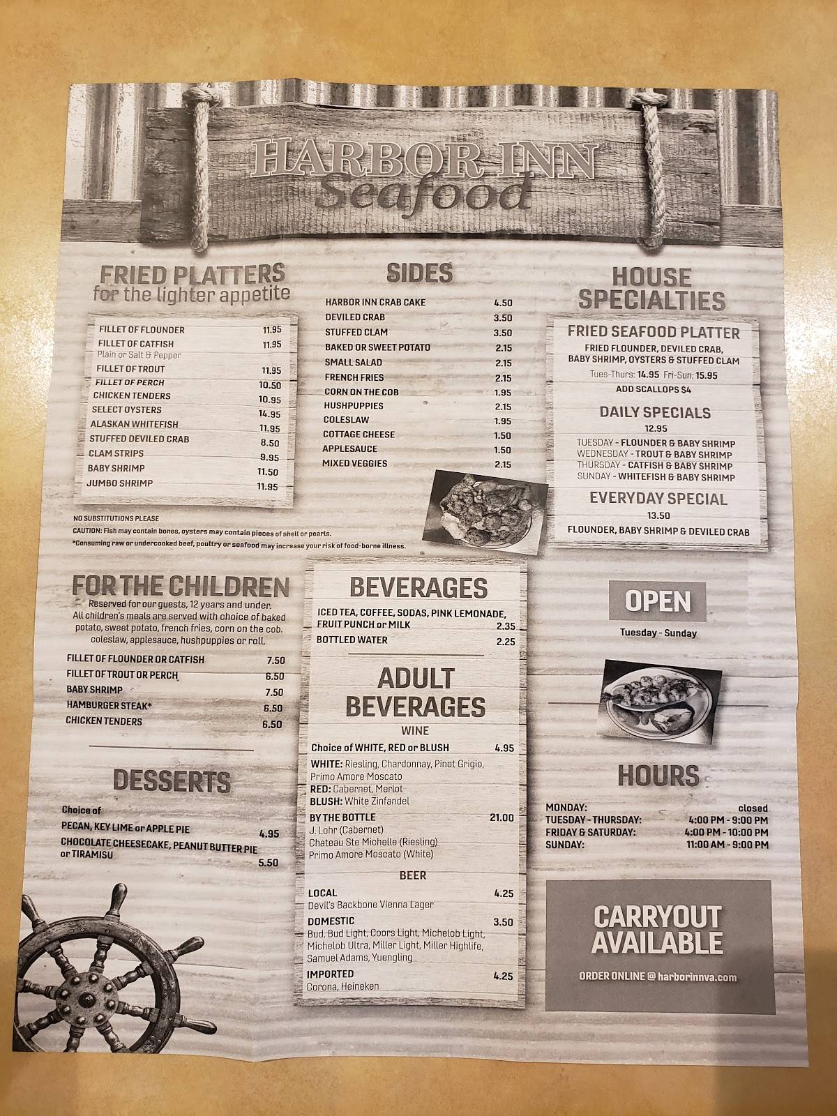 Menu at Harbor Inn Seafood restaurant, Roanoke
