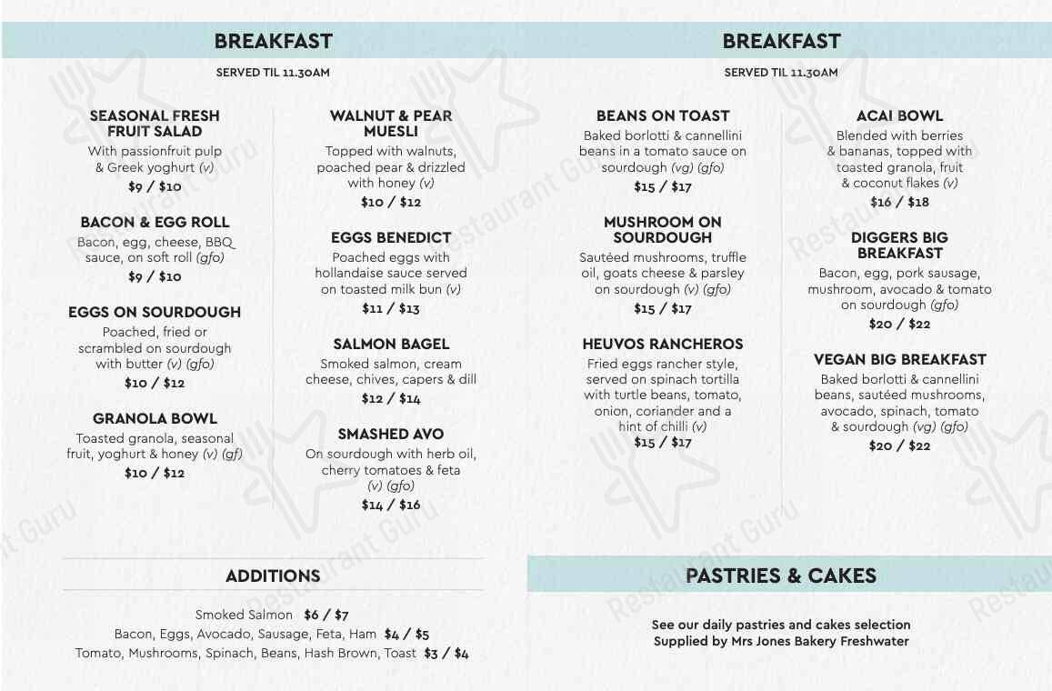 Menu at Harbord Diggers restaurant, Freshwater, 80 Evans Street Freshwater