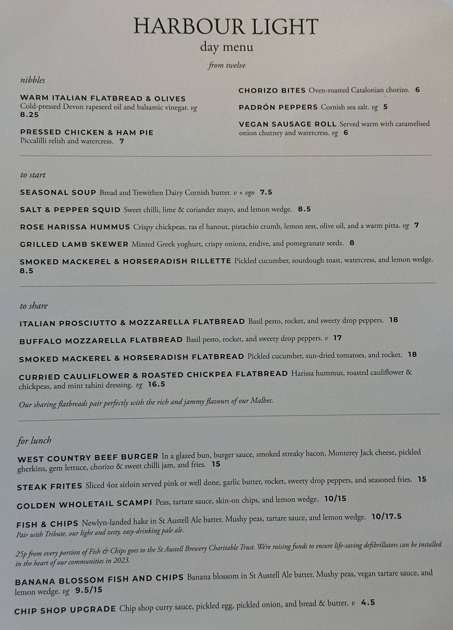 Menu at Harbour Light, Paignton pub & bar, Paignton