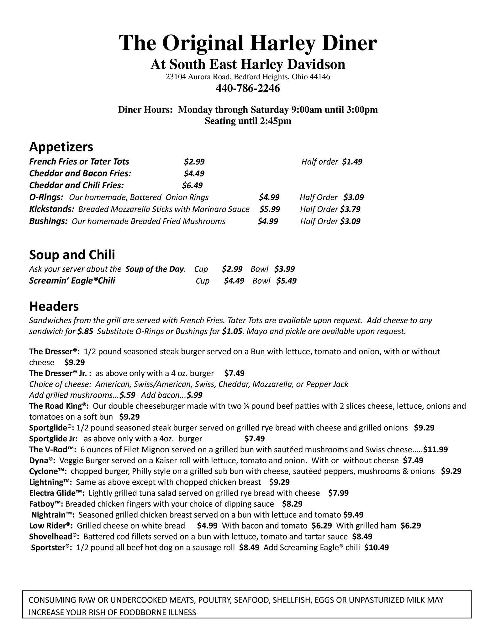 Menu at Harley Diner restaurant, Bedford Heights