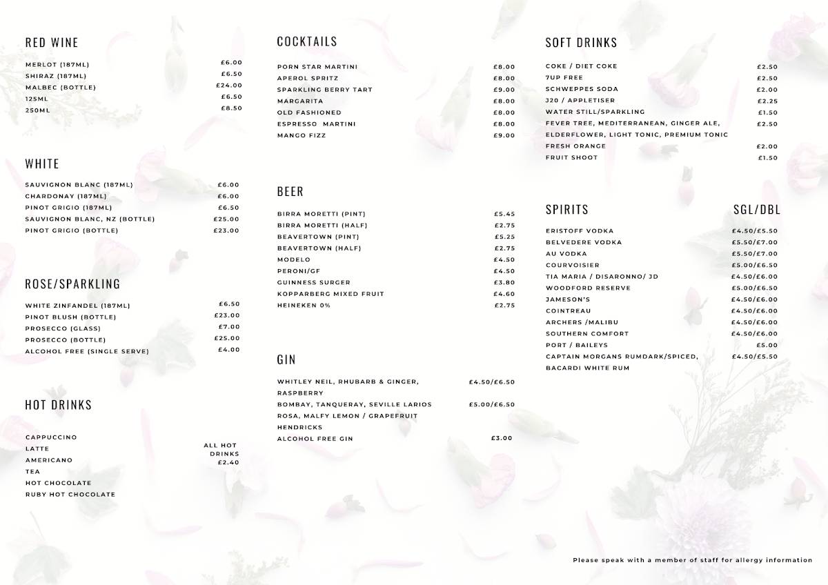 Menu at Harrington’s restaurant, Prescot