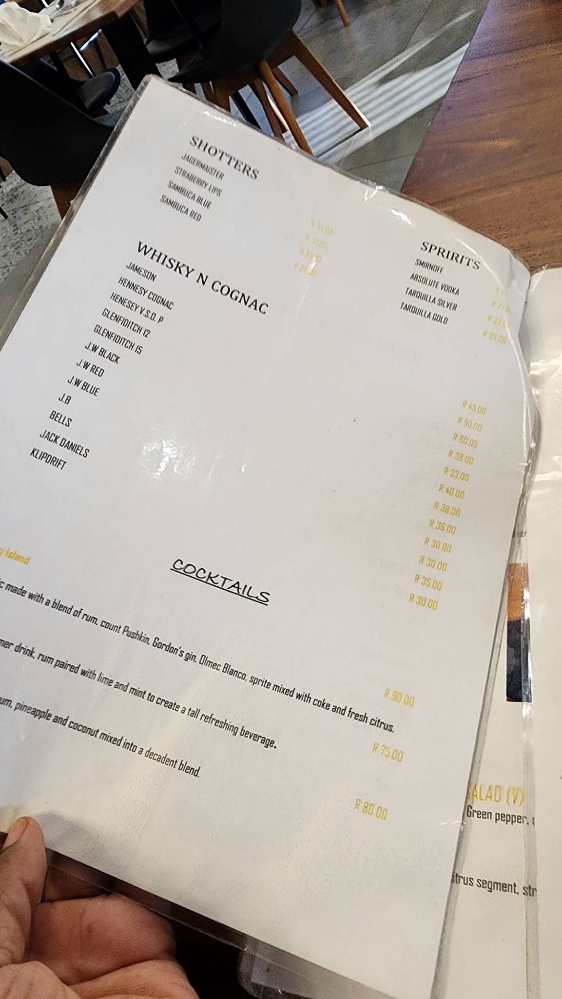 Menu at One ten bar and restaurant, Durban