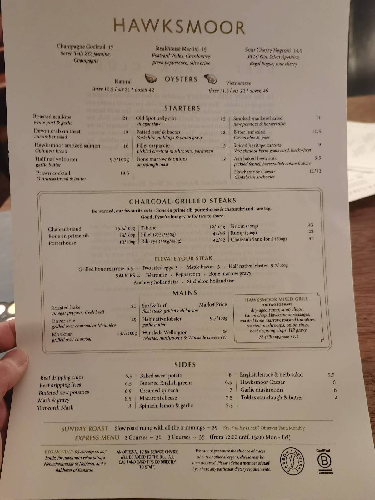 Menu at Hawksmoor Knightsbridge steakhouse, London