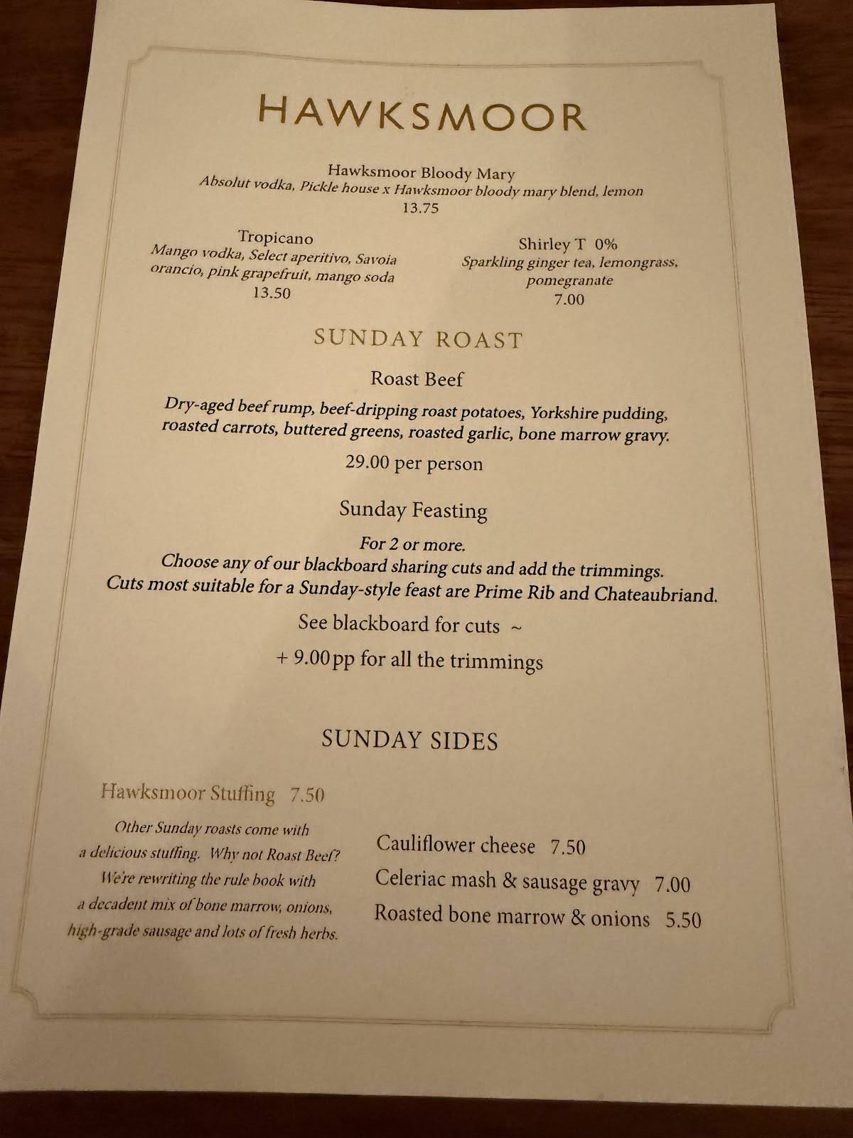 Menu at Hawksmoor Knightsbridge steakhouse, London