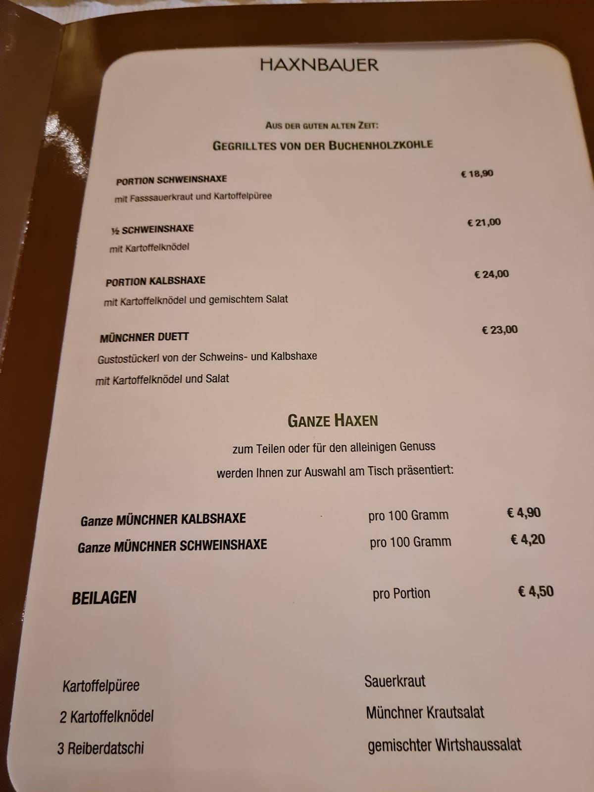 Menu at Haxnbauer restaurant, Munich