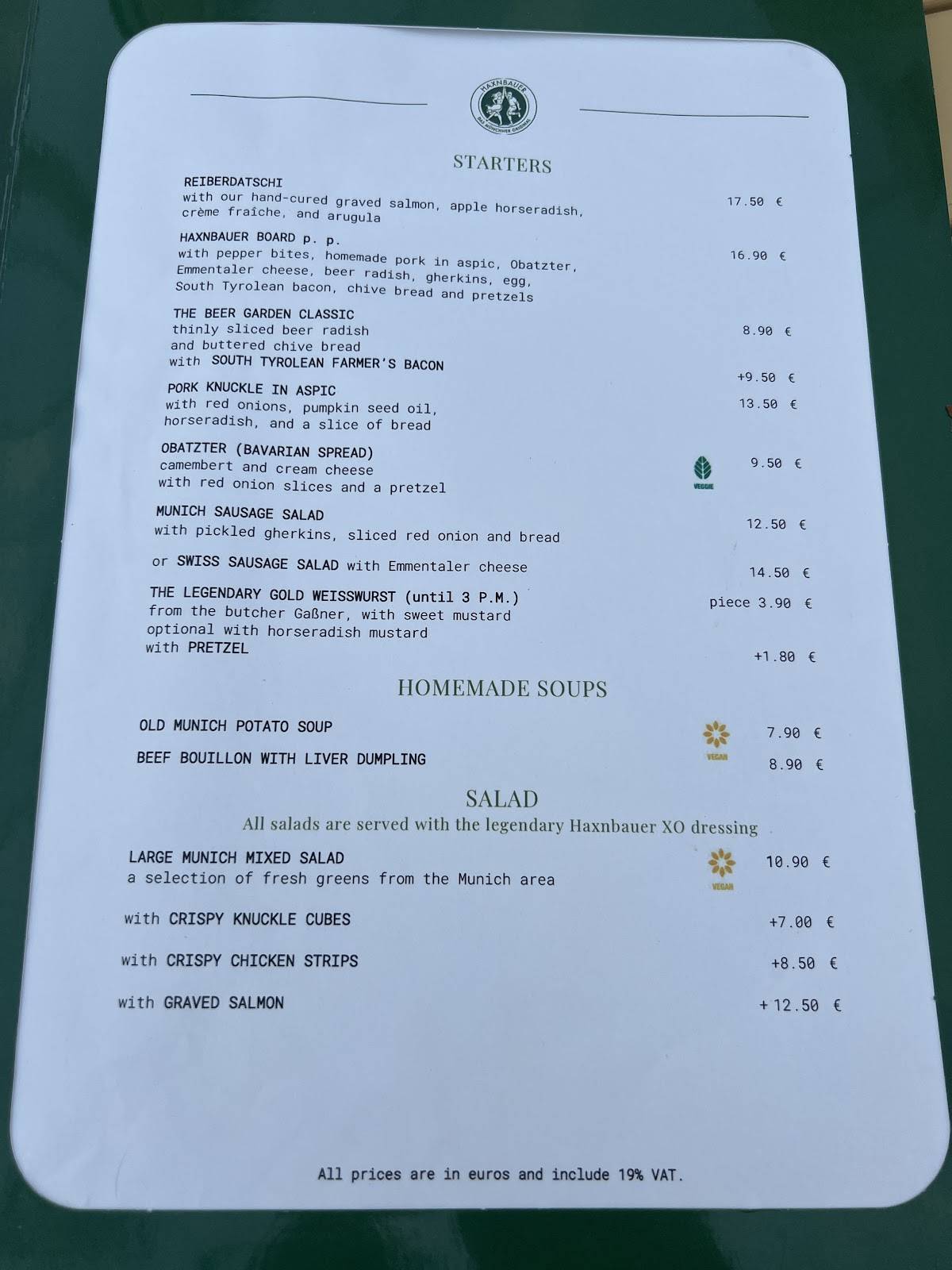 Menu at Haxnbauer restaurant, Munich